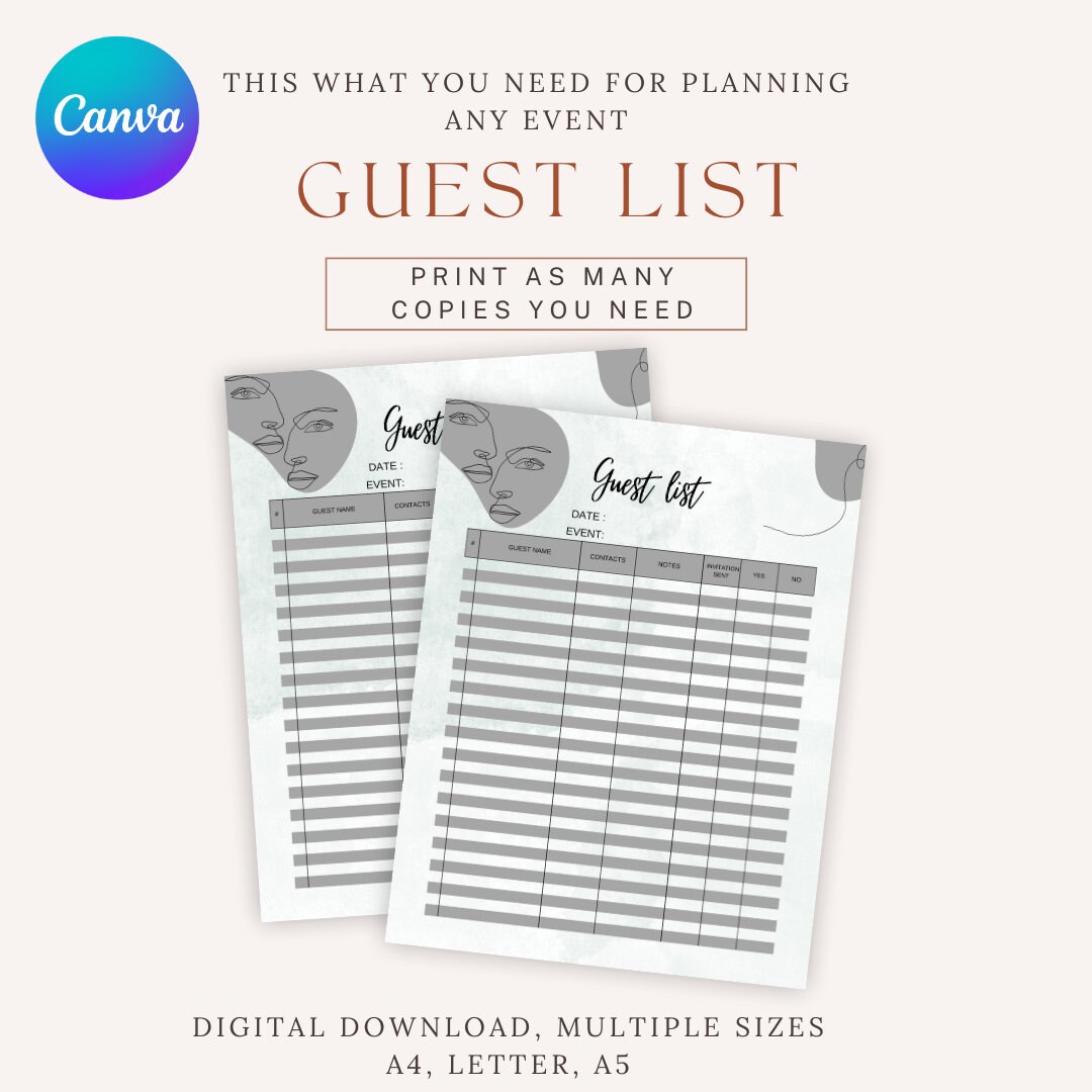Guest List Tracker Printable Event Guest Management Wedding - Etsy