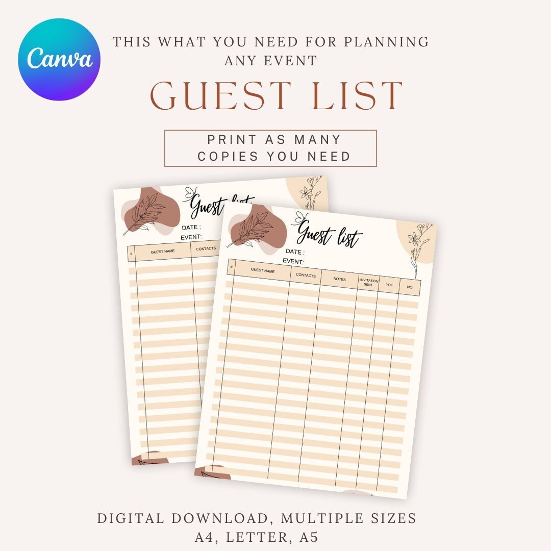Guest List Organizer Digital Download Minimalistic Planner Event ...