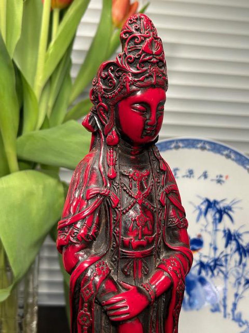 Kwan Yin Statue Chinese Cinnabar Red Laquer, Quan Yin Statue Red Laquer ...