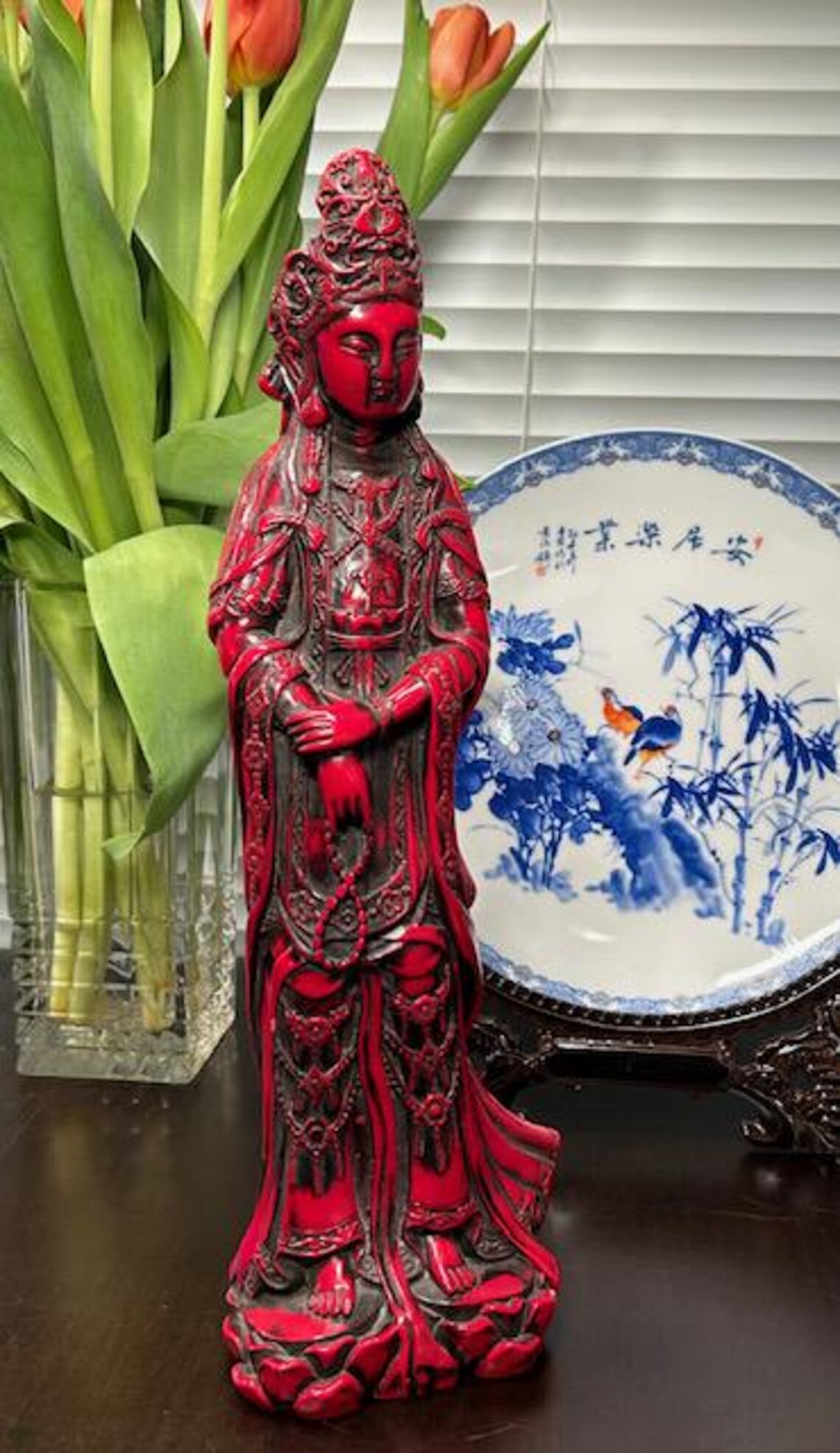 Kwan Yin Statue Chinese Cinnabar Red Laquer, Quan Yin Statue Red Laquer ...
