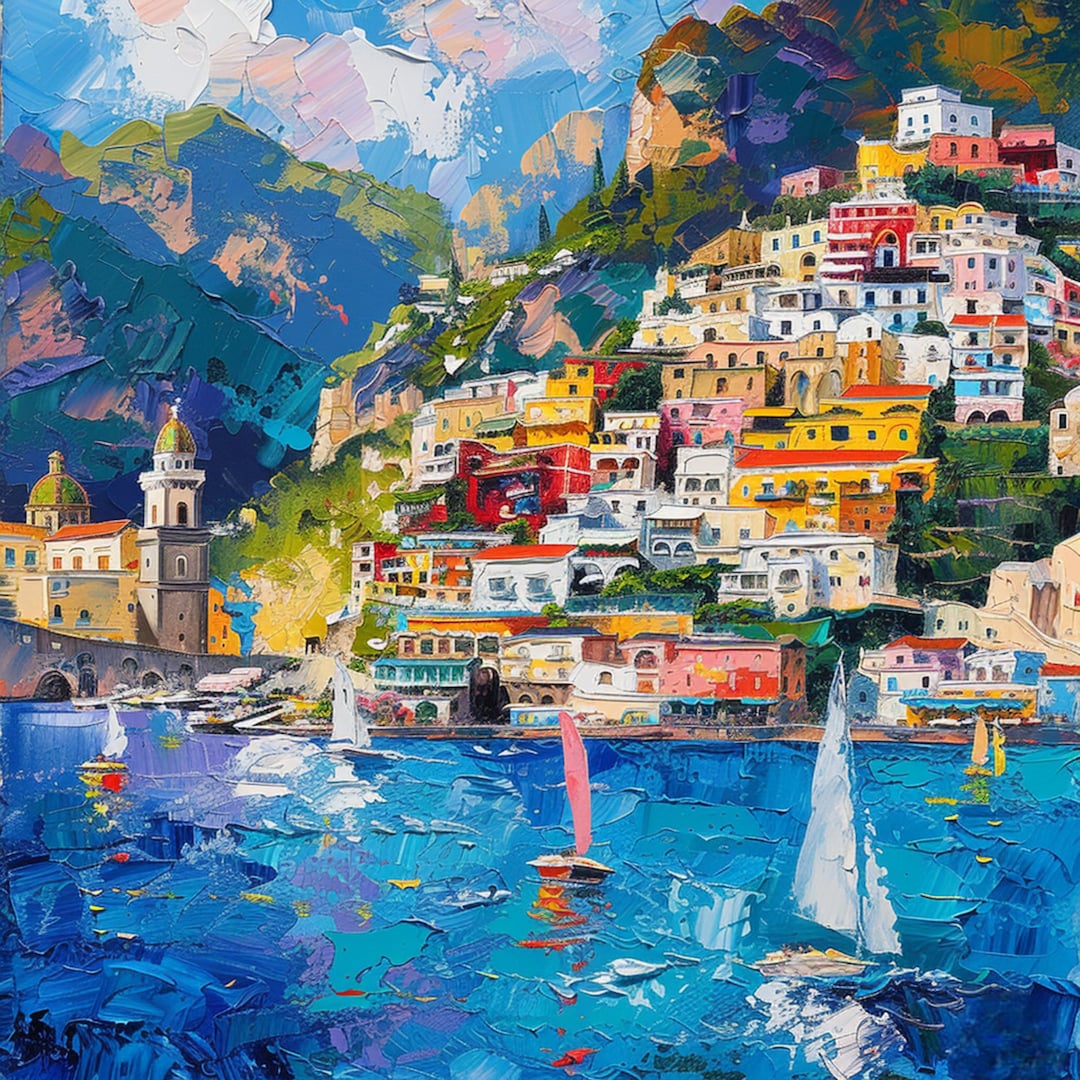 Positano Art, Italian Coast Artwork, Amalfi Coast Wall Art, Colorful ...