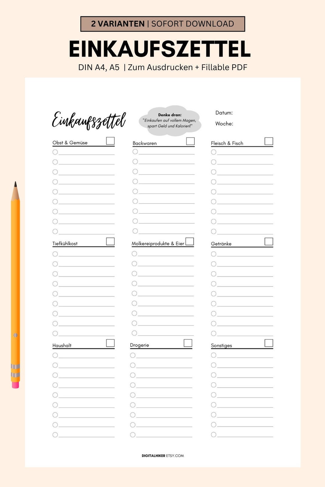 Einkaufszettel Deutsch | Einkaufsliste für Lebensmittel, A4/A5, Ausdrucken oder Fillable-PDF ...