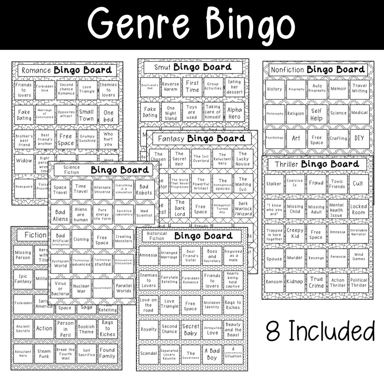Book Bingo Boards-general Pack - Etsy