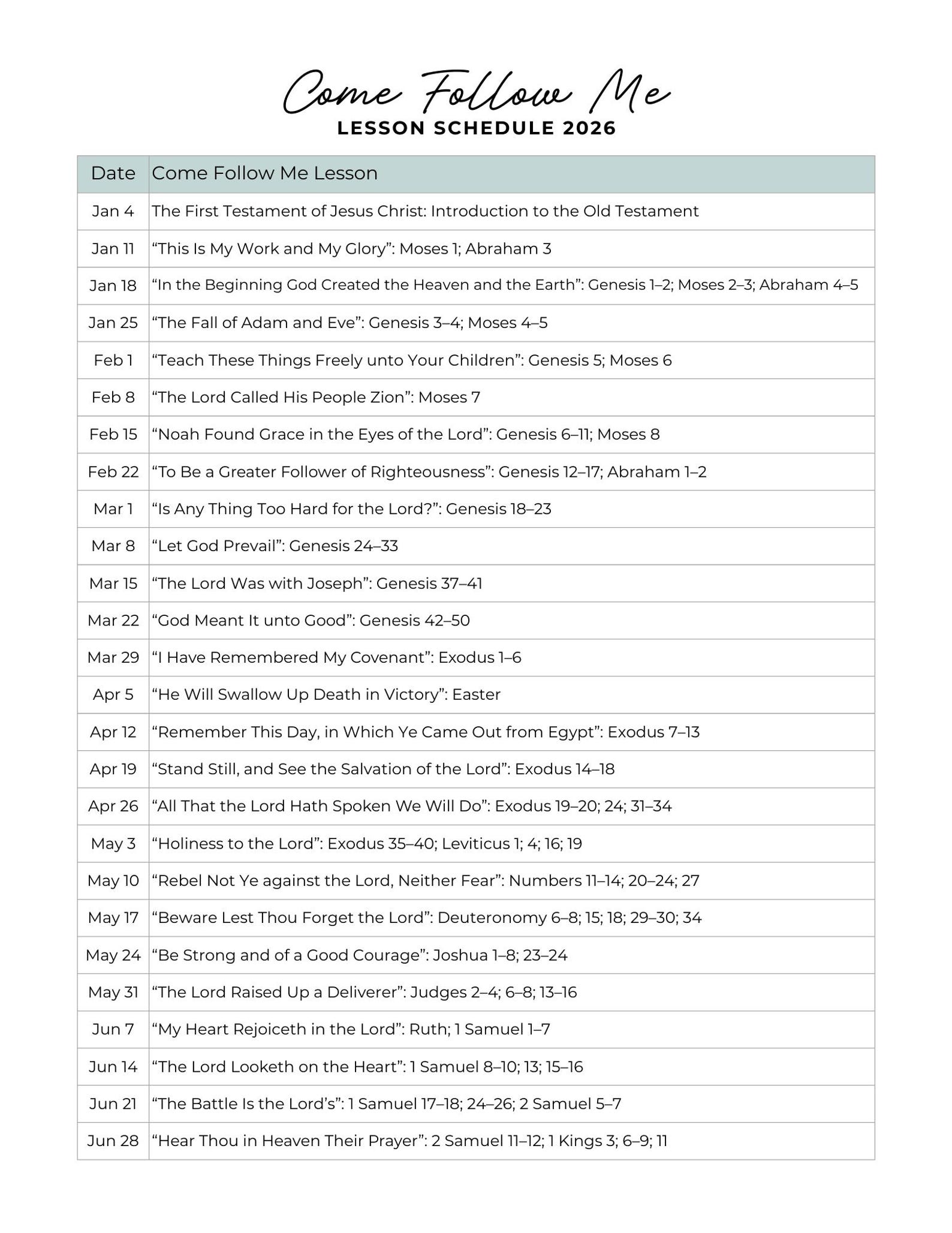 2026 Come Follow Me Lesson Schedule | LDS Old Testament Study Plan ...