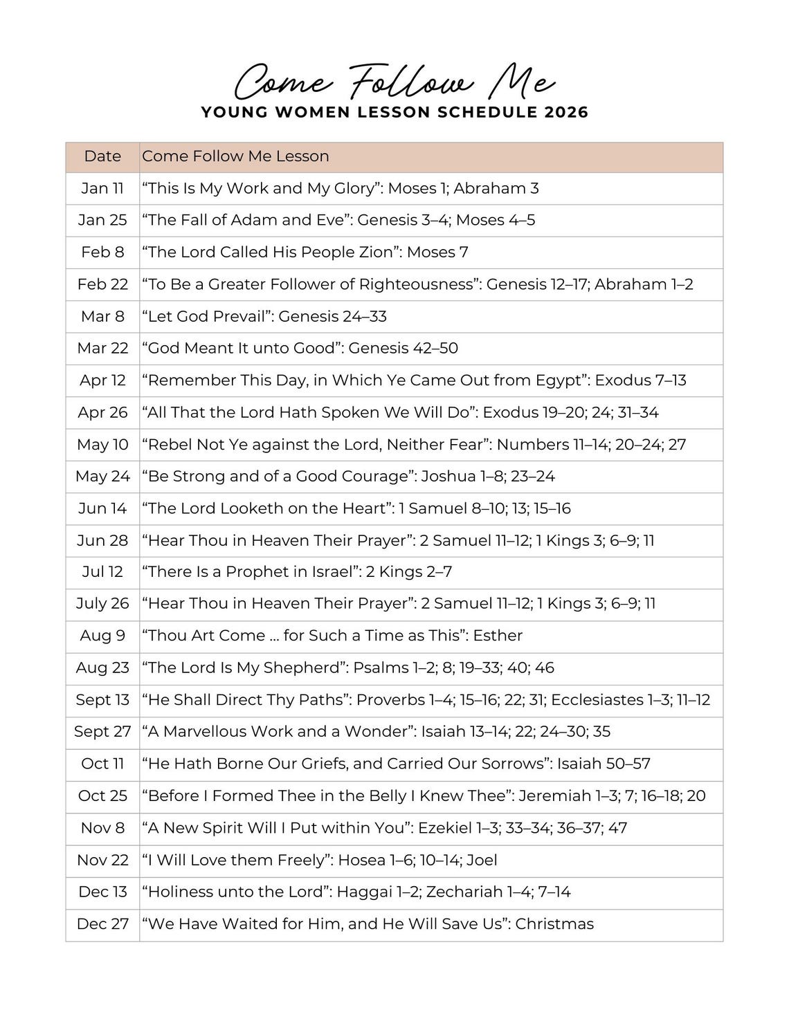 2026 Come Follow Me Young Women Schedule | LDS Old Testament Printable ...