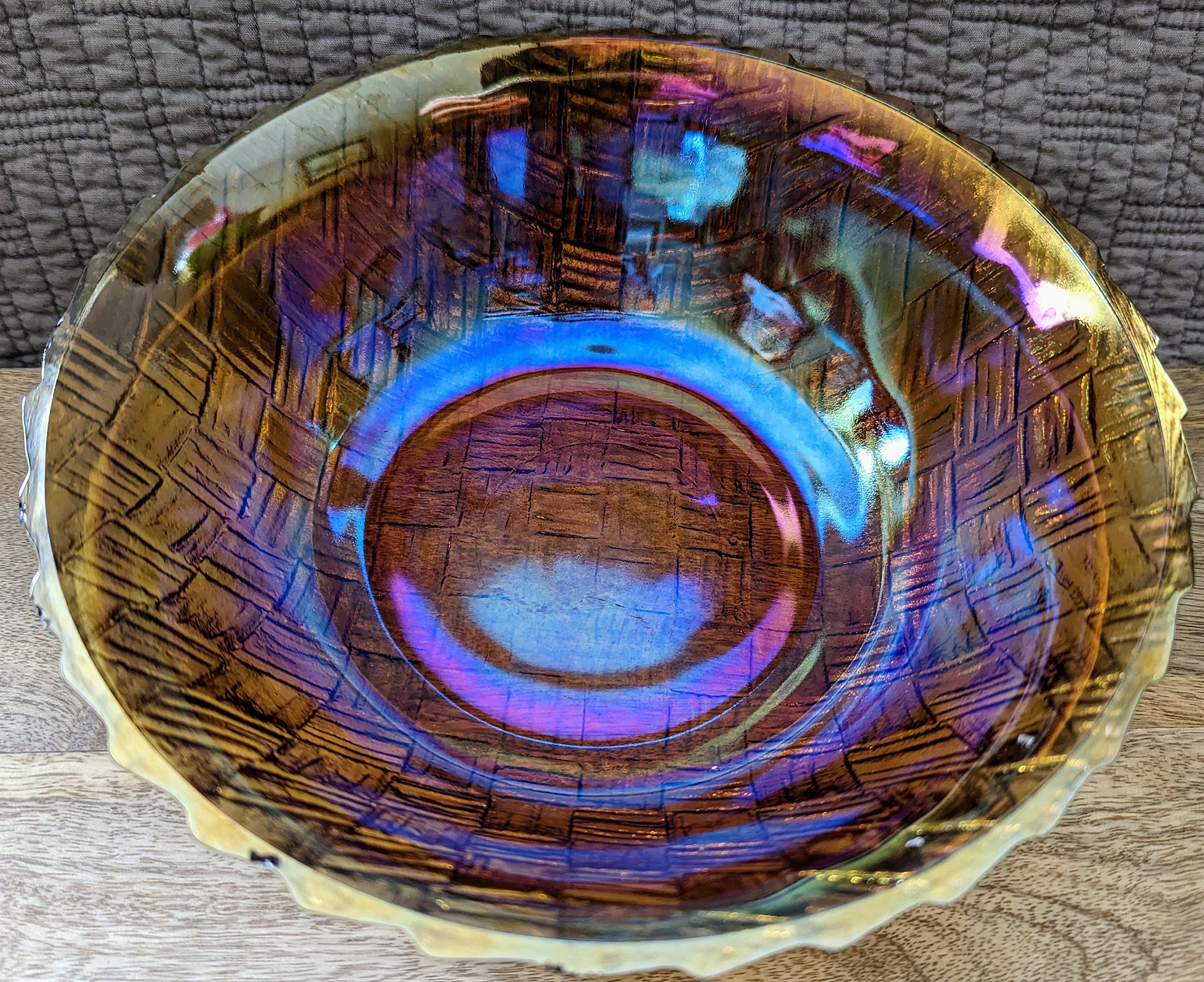 Vintage Amber Color Iridescent Glass Basket Weave Pattern Carnival ...