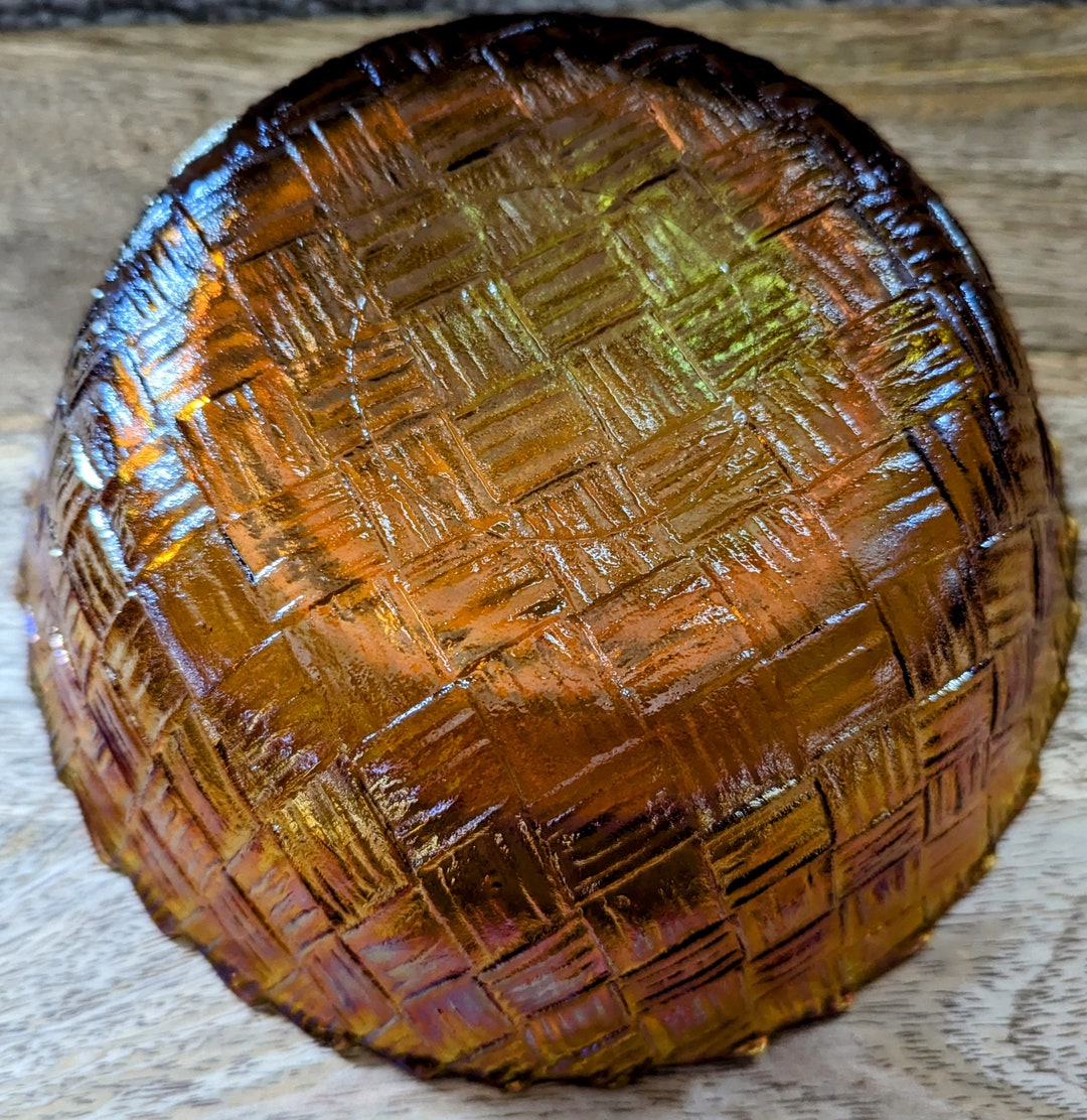 Vintage Amber Color Iridescent Glass Basket Weave Pattern Carnival ...