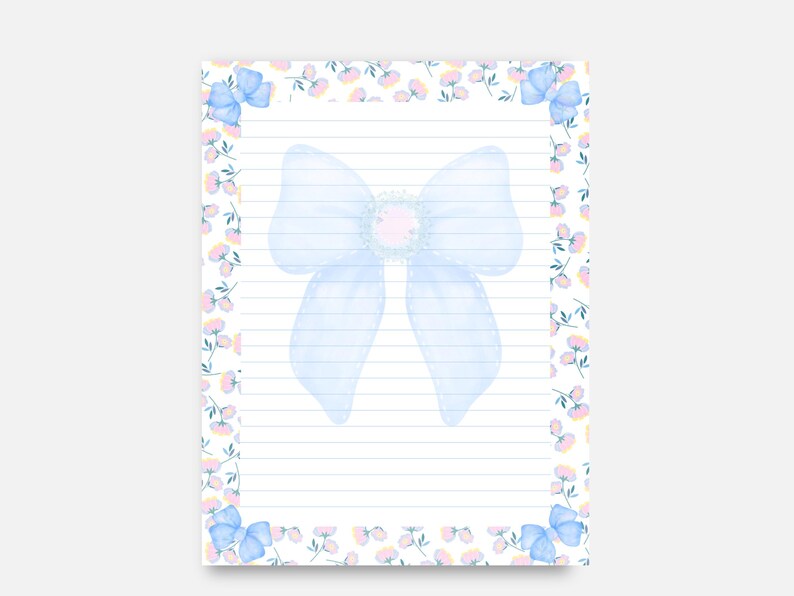 Coquette Stationary Printable Floral With Blue Bow Digital Paper Blank ...