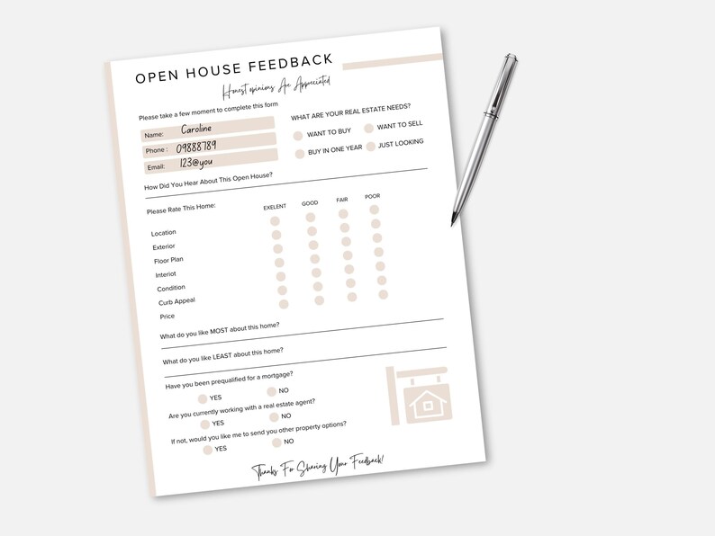 Realtor Open House Sheet Questionnaire PDF Feedback Form Buyer Feedback ...