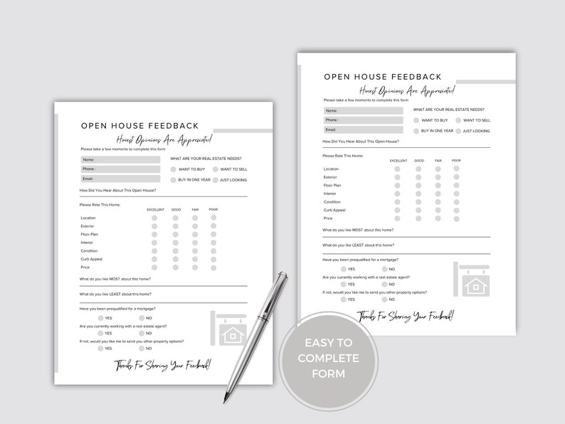 Open House Feedback Form for Real Estate Brokers Opinion Feedback Sheet ...