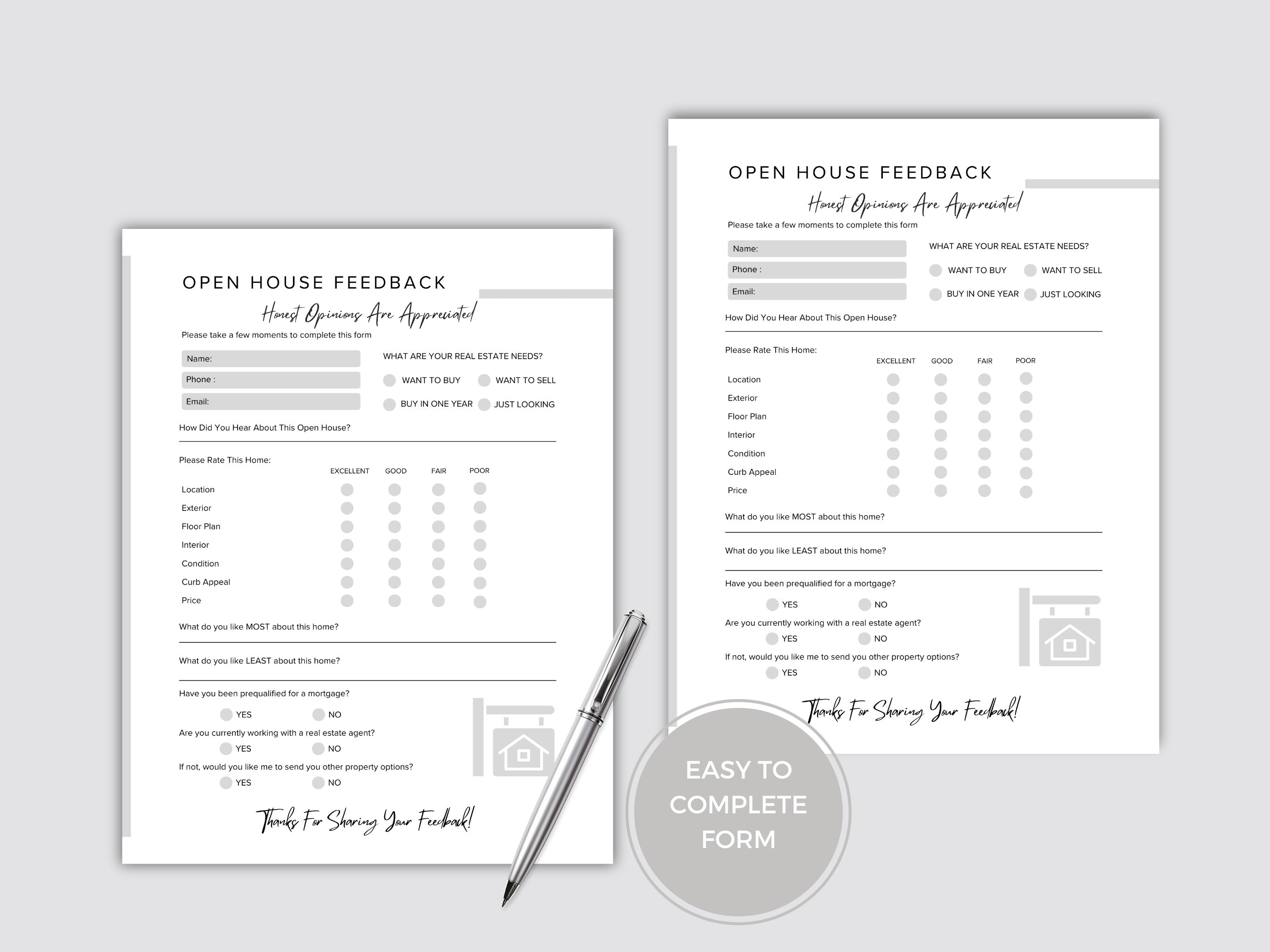 Open House Feedback Form for Real Estate Brokers Opinion Feedback Sheet ...