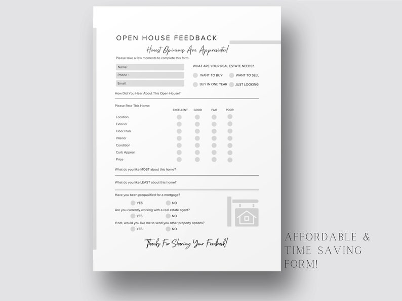 Open House Feedback Form for Real Estate Brokers Opinion Feedback Sheet ...