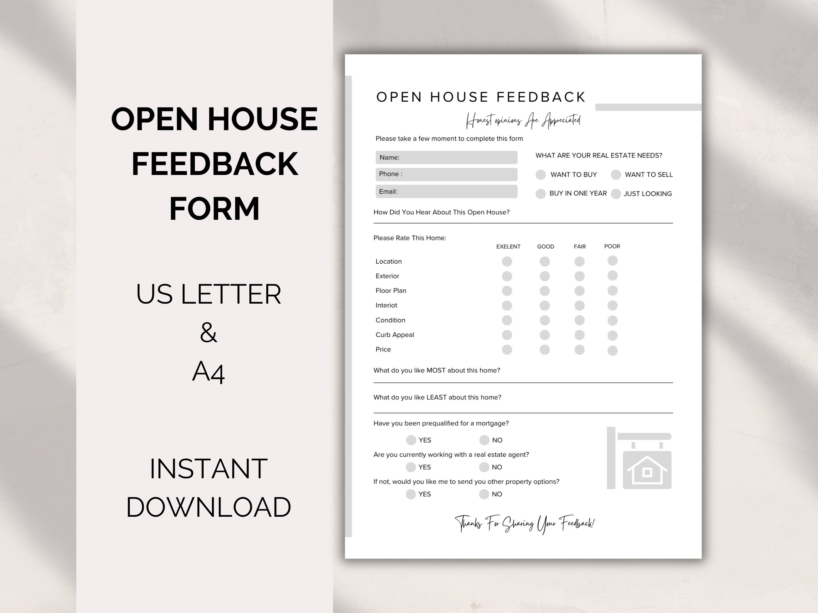 House Tour Review Form for Open House Guests Survey Template for Open ...