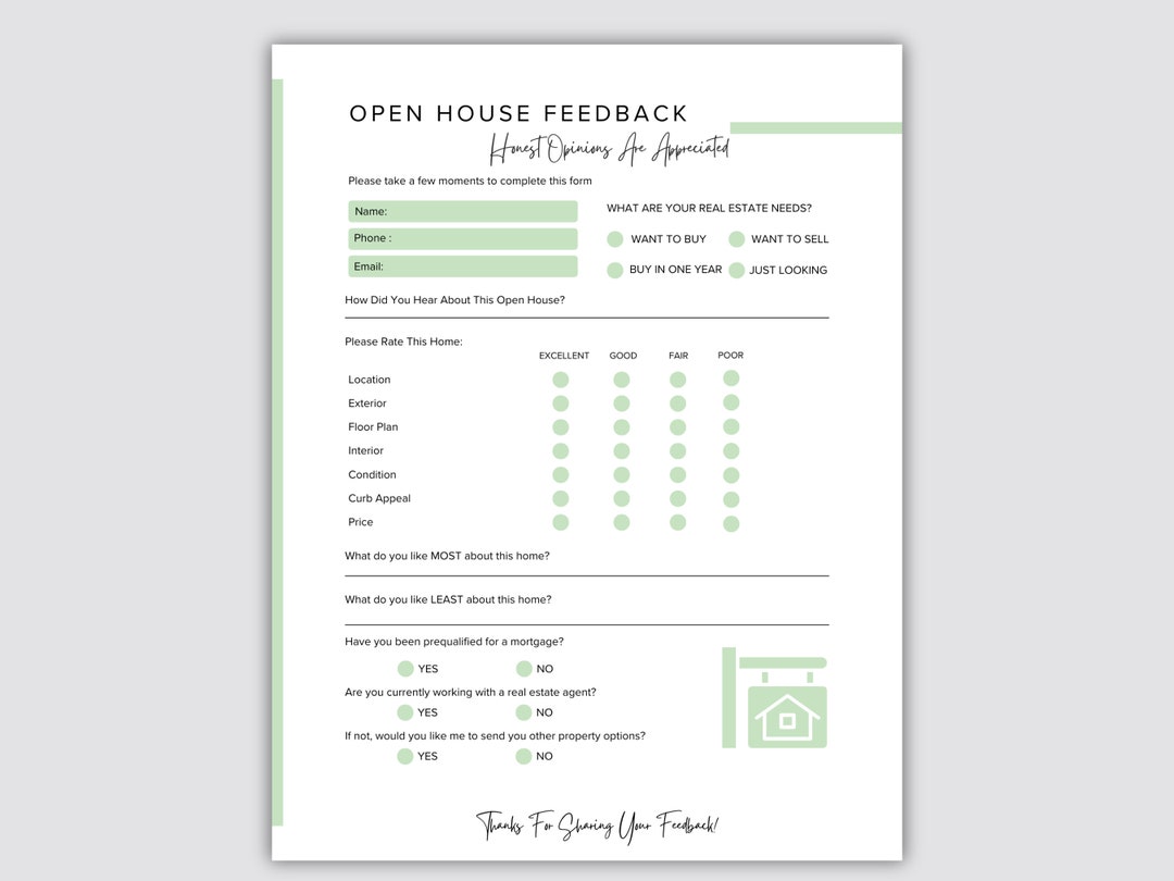 Open House Feedback Form for Real Estate Brokers Opinion Feedback Sheet ...