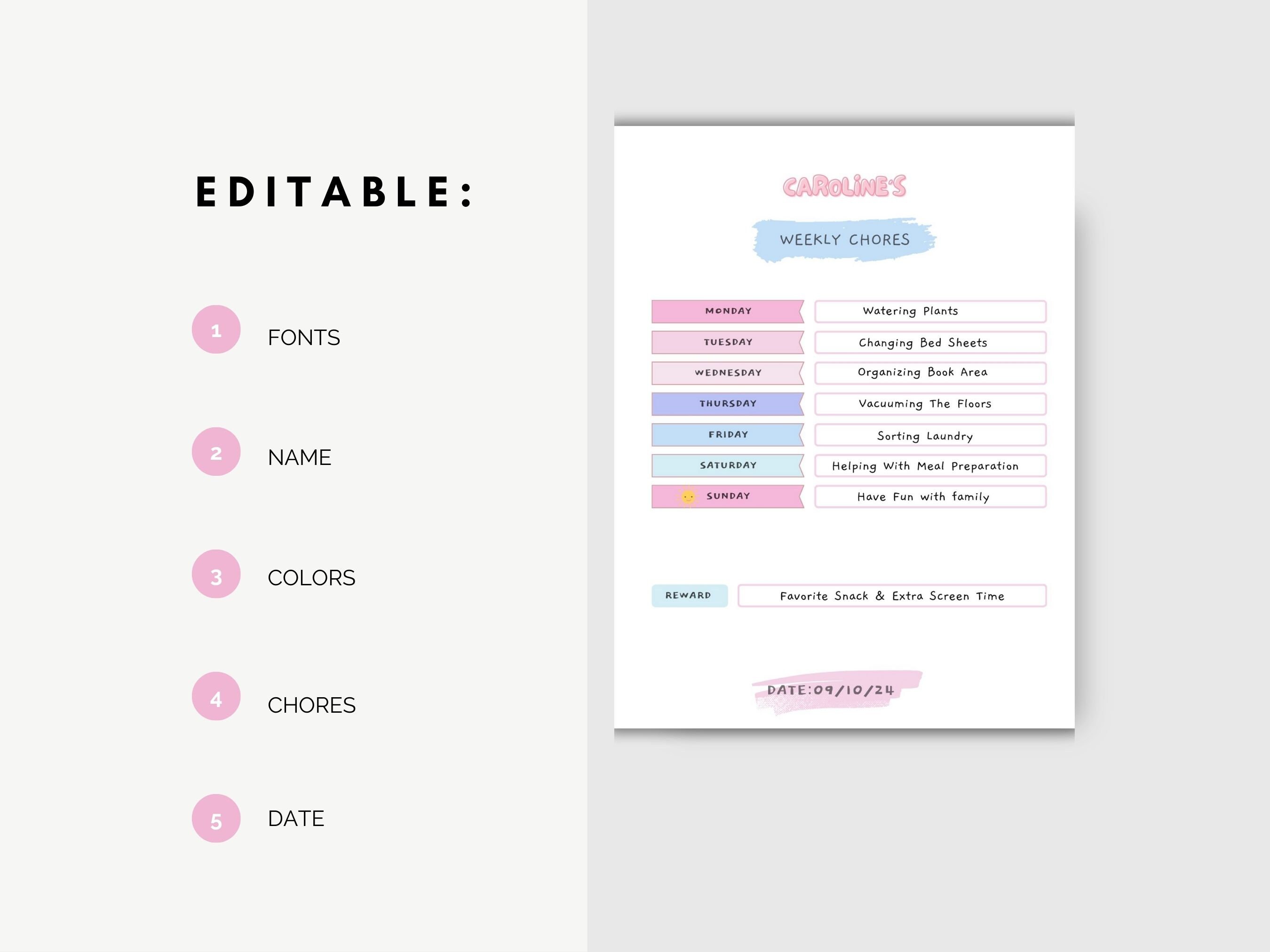 Editable Kids Chore Chart Daily Routine Checklist Weekly Individualized ...