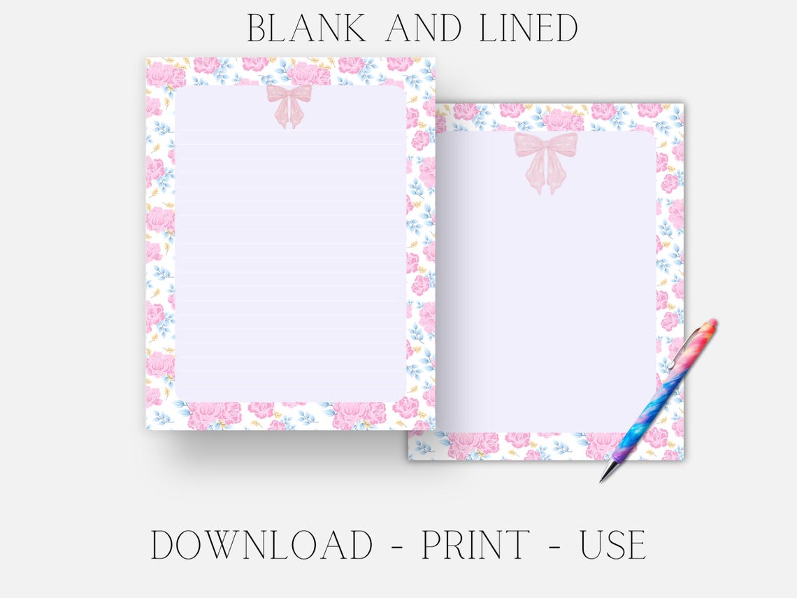 Coquette Aesthetic Printable Stationary Lined and Blank Note Bow Floral ...