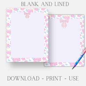 Coquette Aesthetic Printable Stationary Lined and Blank Note Bow Floral ...