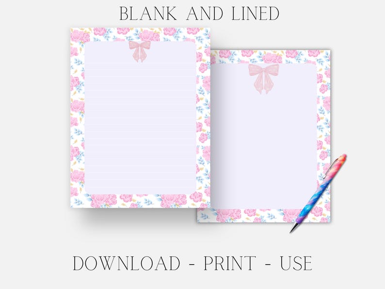 Coquette Aesthetic Printable Stationary Lined and Blank Note Bow Floral ...