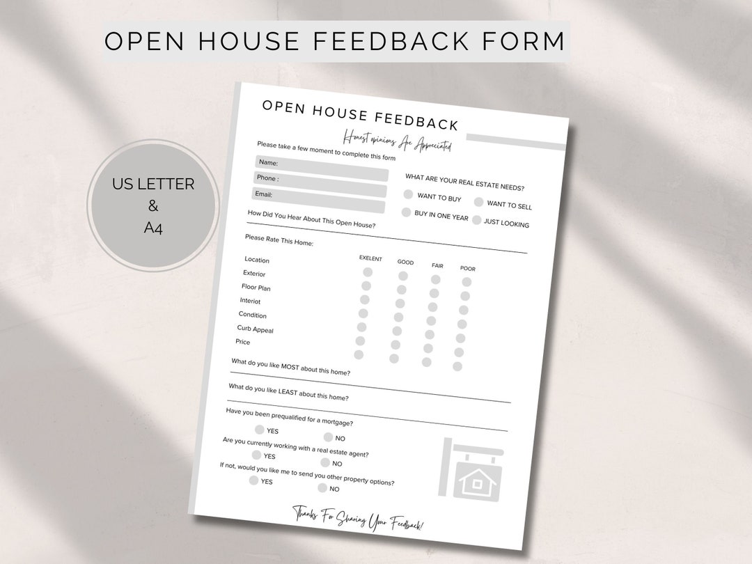 Open House Feedback Form for Real Estate Brokers Opinion Feedback Sheet ...