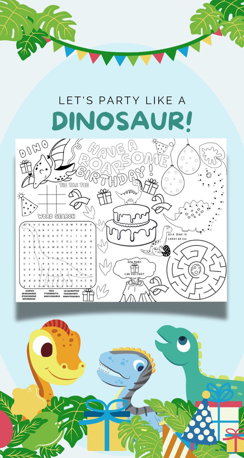 Dinosaur Birthday Activity Party Placemat Dinosaur Party Favor Dinosaur ...