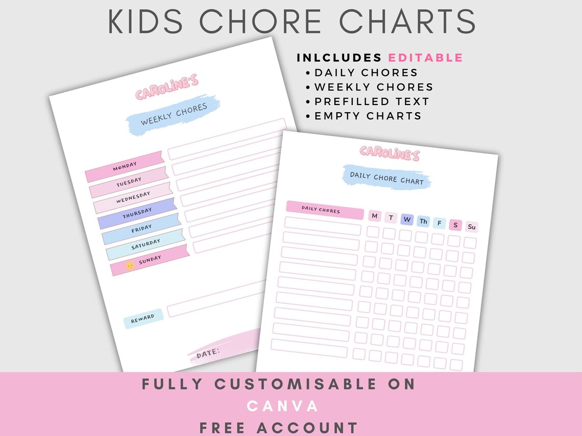 Editable Kids Chore Chart Daily Routine Checklist Weekly Individualized ...
