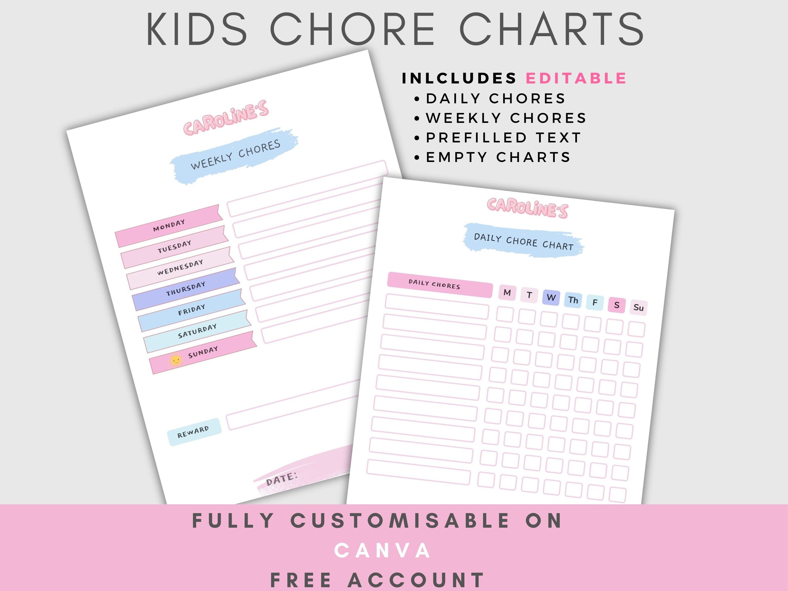 Editable Kids Chore Chart Daily Routine Checklist Weekly Individualized ...