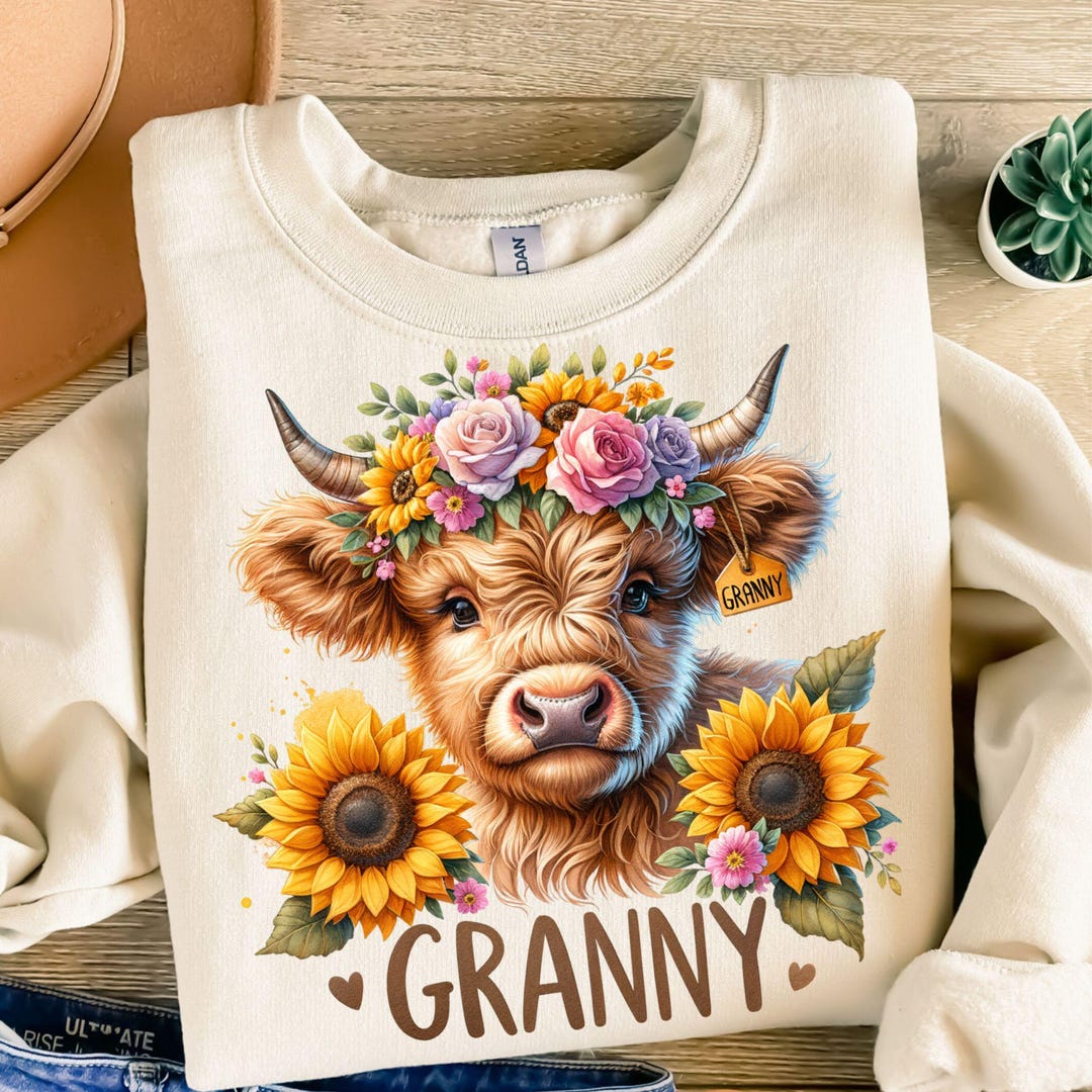 Granny Highland Cow Png Floral Granny Sublimation Cute Grandma Cow ...