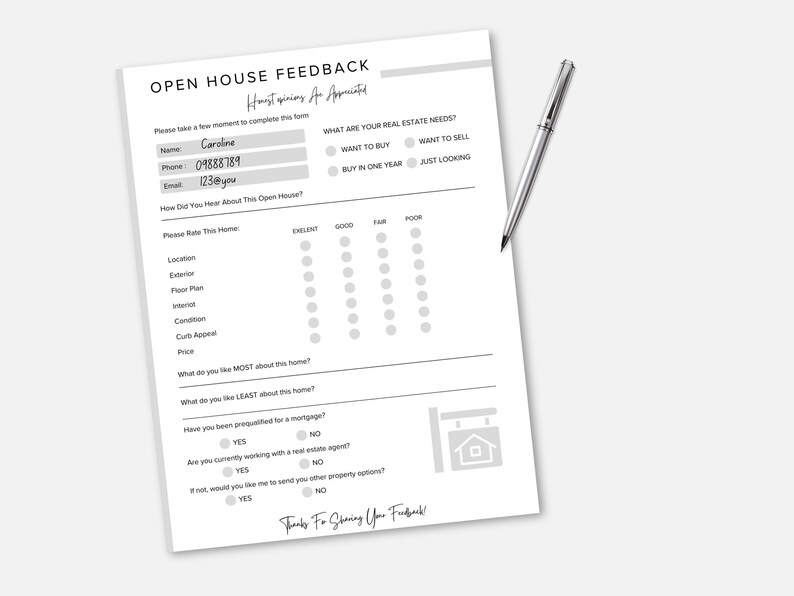 House Tour Review Form for Open House Guests Survey Template for Open ...