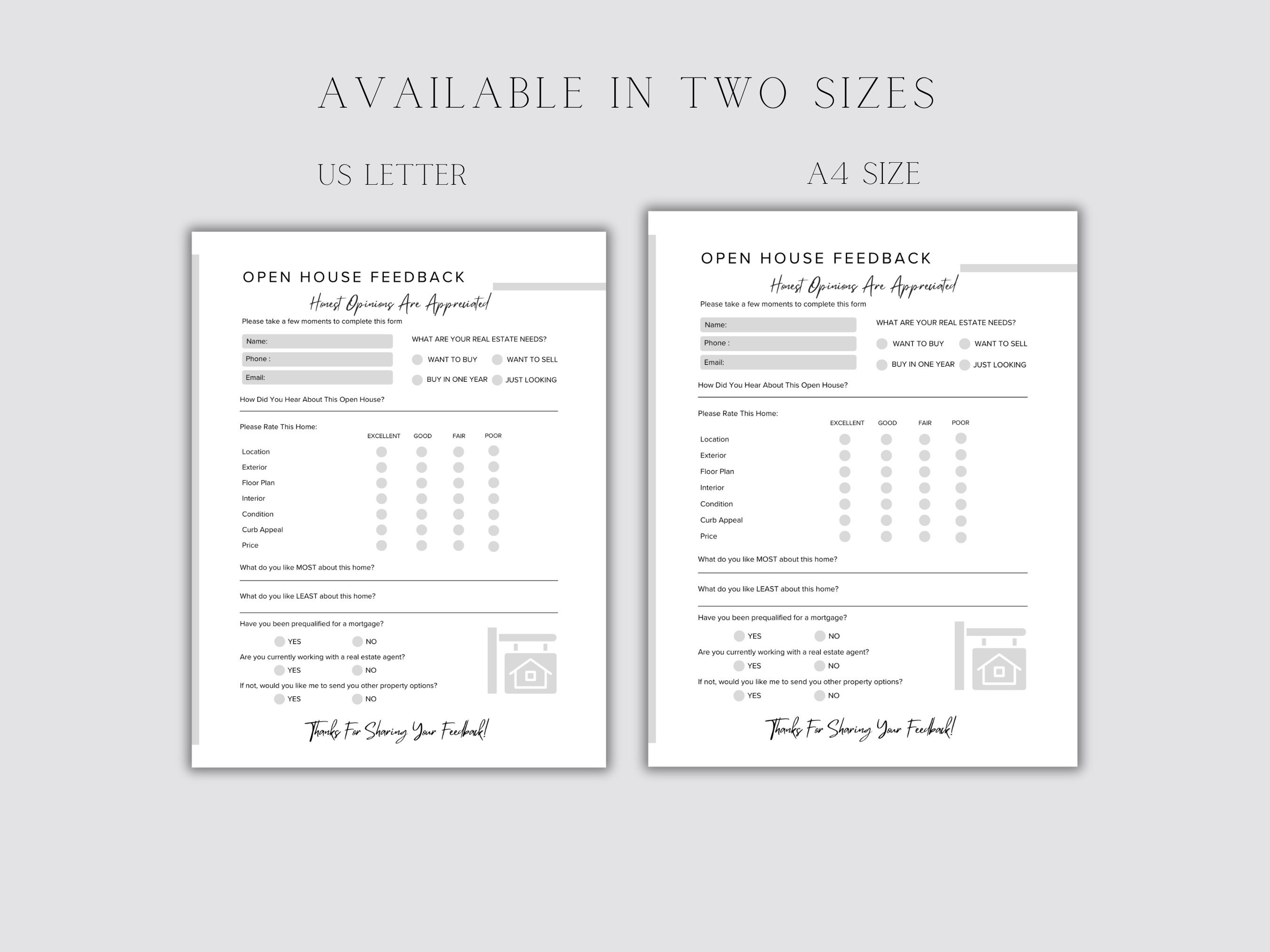 Open House Feedback Form for Real Estate Brokers Opinion Feedback Sheet ...