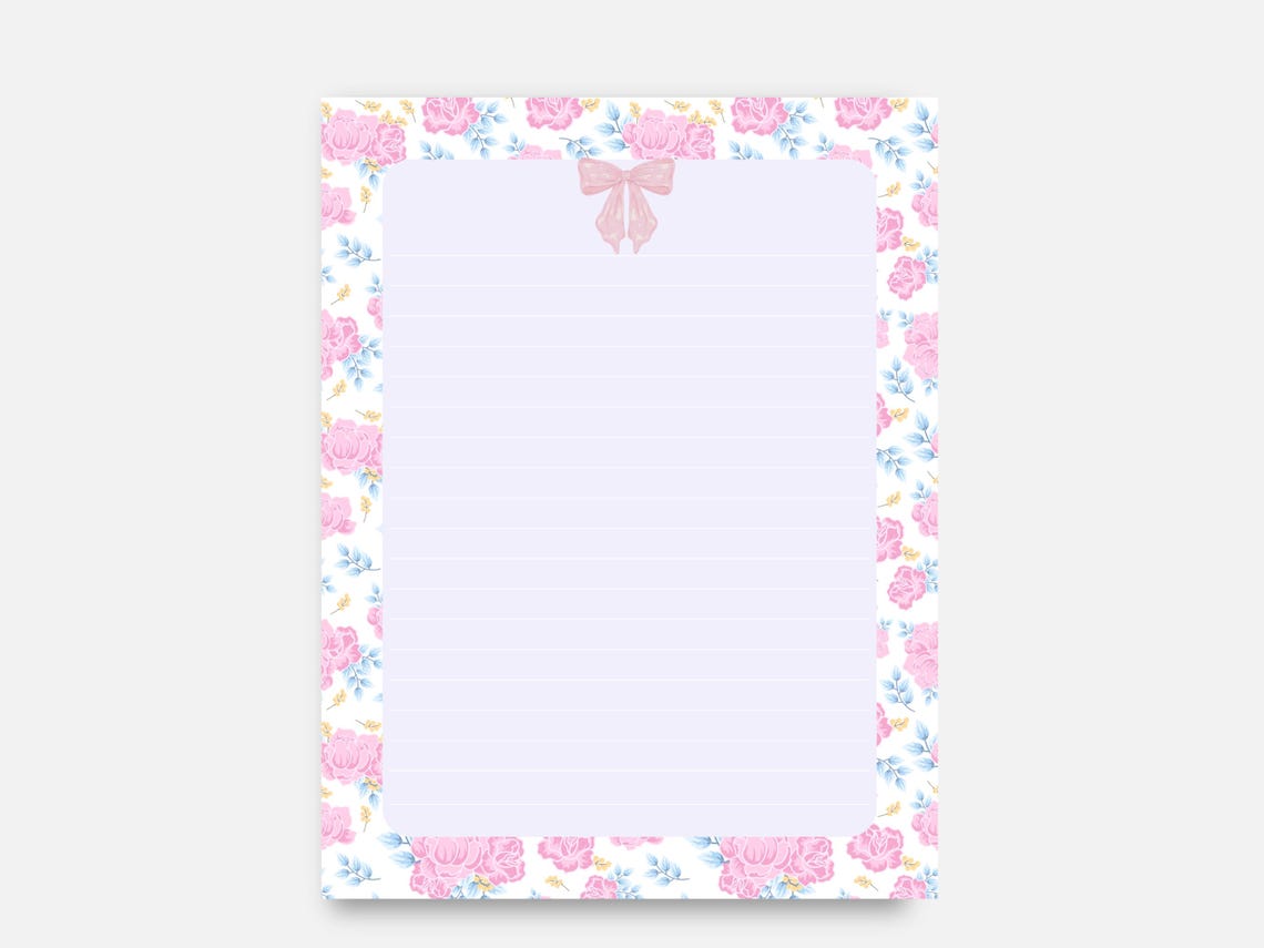 Coquette Aesthetic Printable Stationary Lined and Blank Note Bow Floral ...