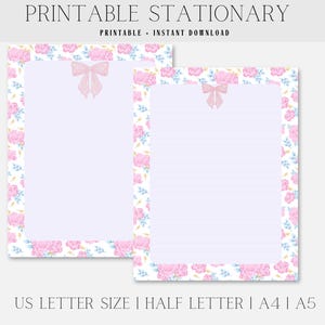Coquette Aesthetic Printable Stationary Lined and Blank Note Bow Floral ...