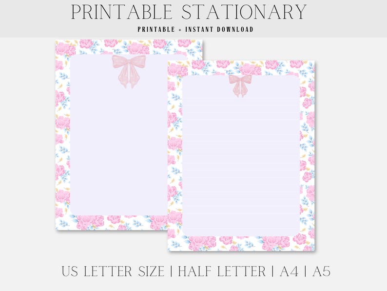 Coquette Aesthetic Printable Stationary Lined and Blank Note Bow Floral ...