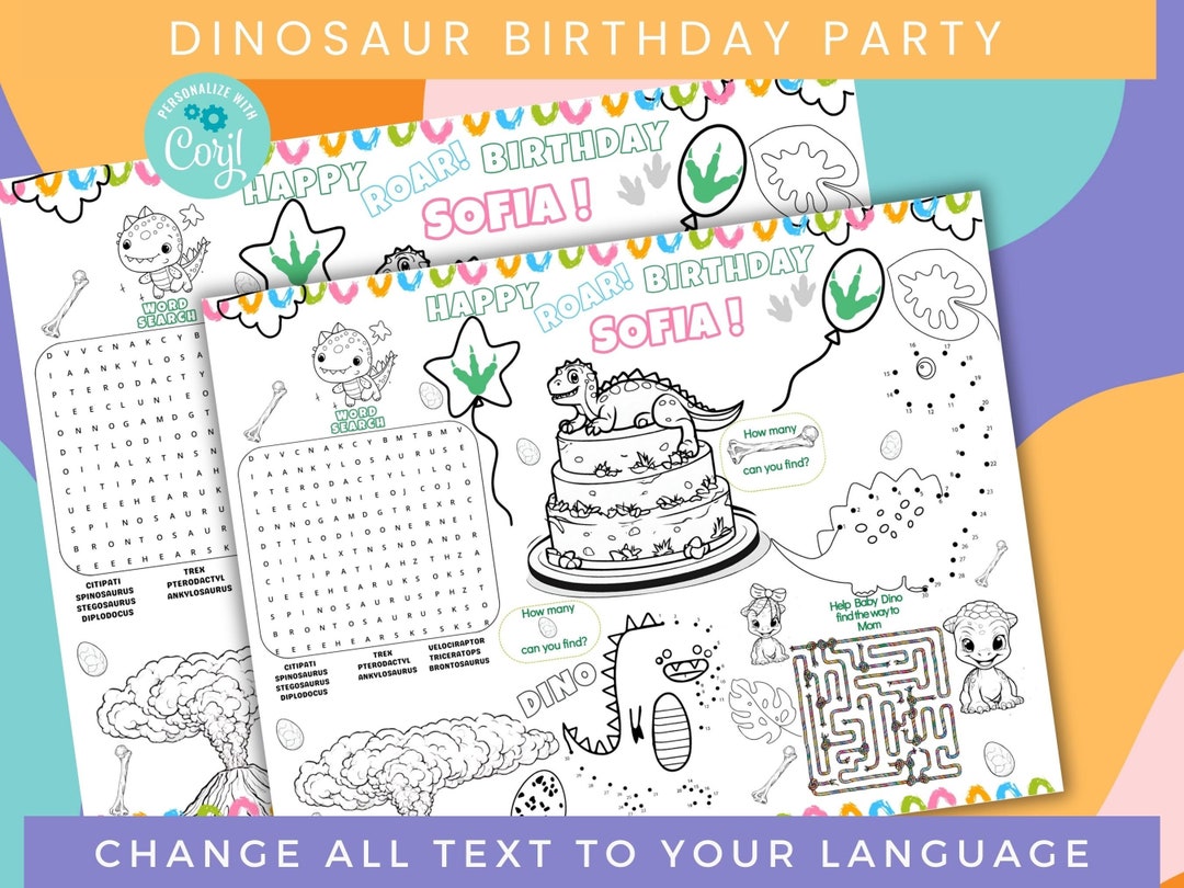 Dinosaur Birthday Theme Party Activity Placemat Coloring for Kids ...