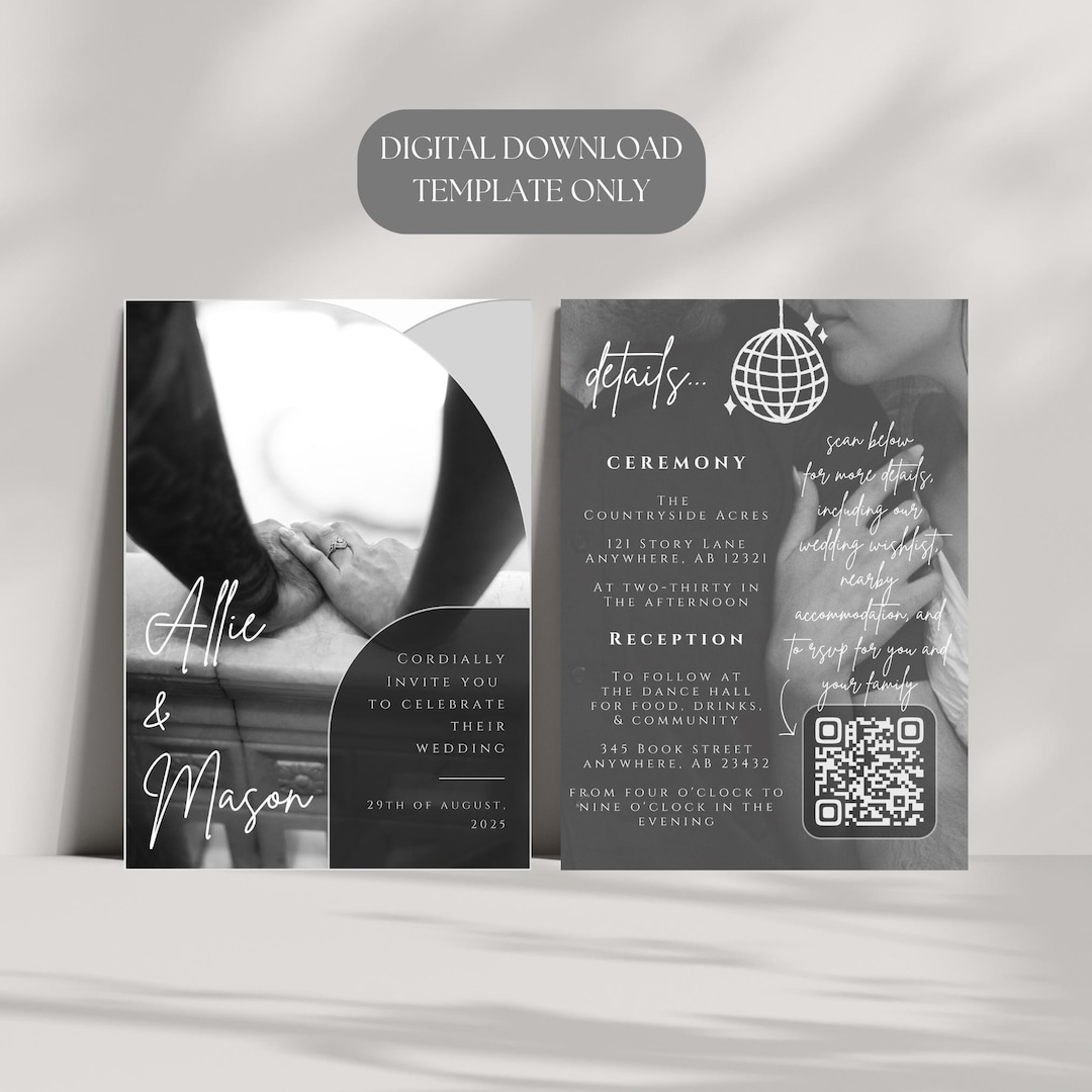 Modern Arch Design Wedding Invitation Template, Black and White Design ...