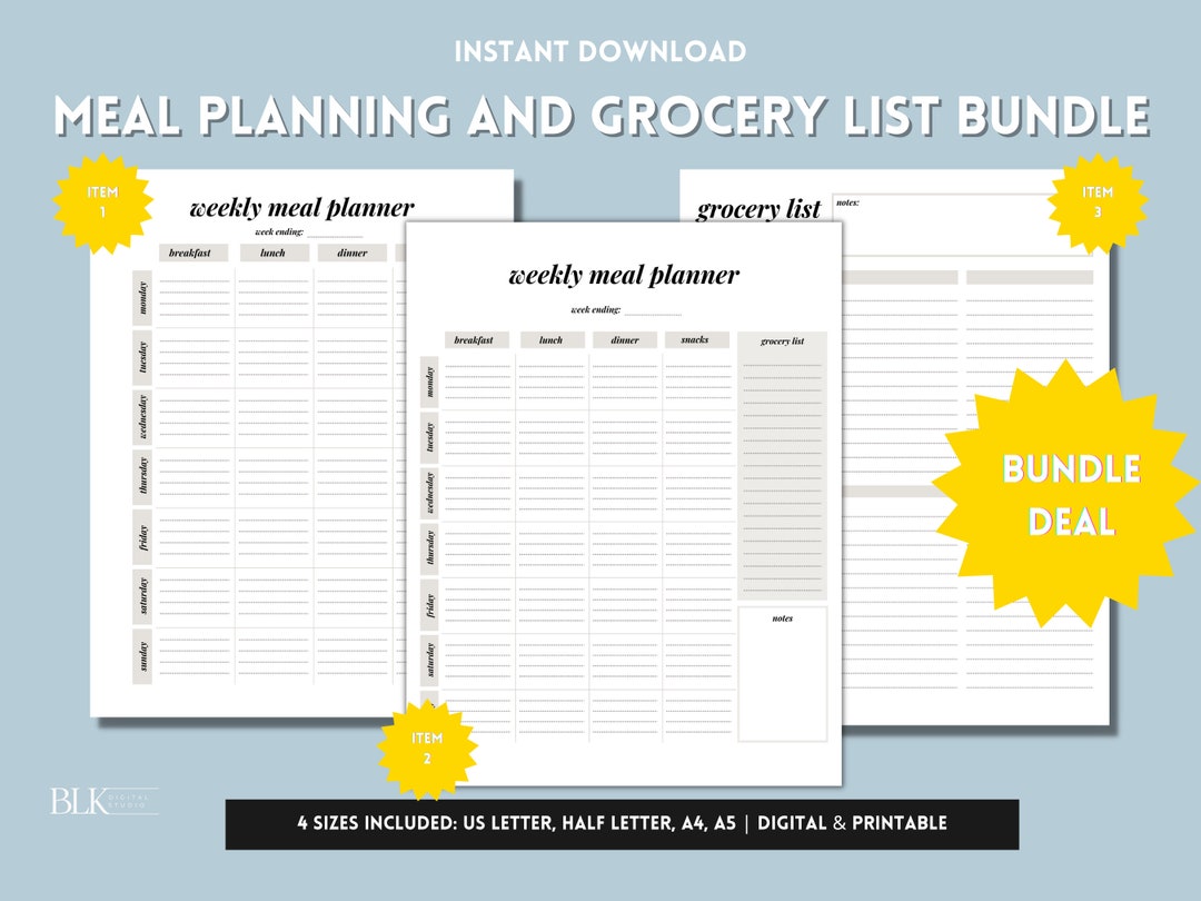 Printable Meal Planner and Grocery List BUNDLE | Weekly Food Diary ...