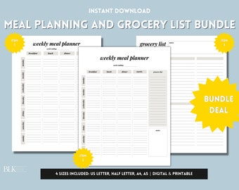 Printable Meal Planner and Grocery List BUNDLE | Weekly Food Diary ...