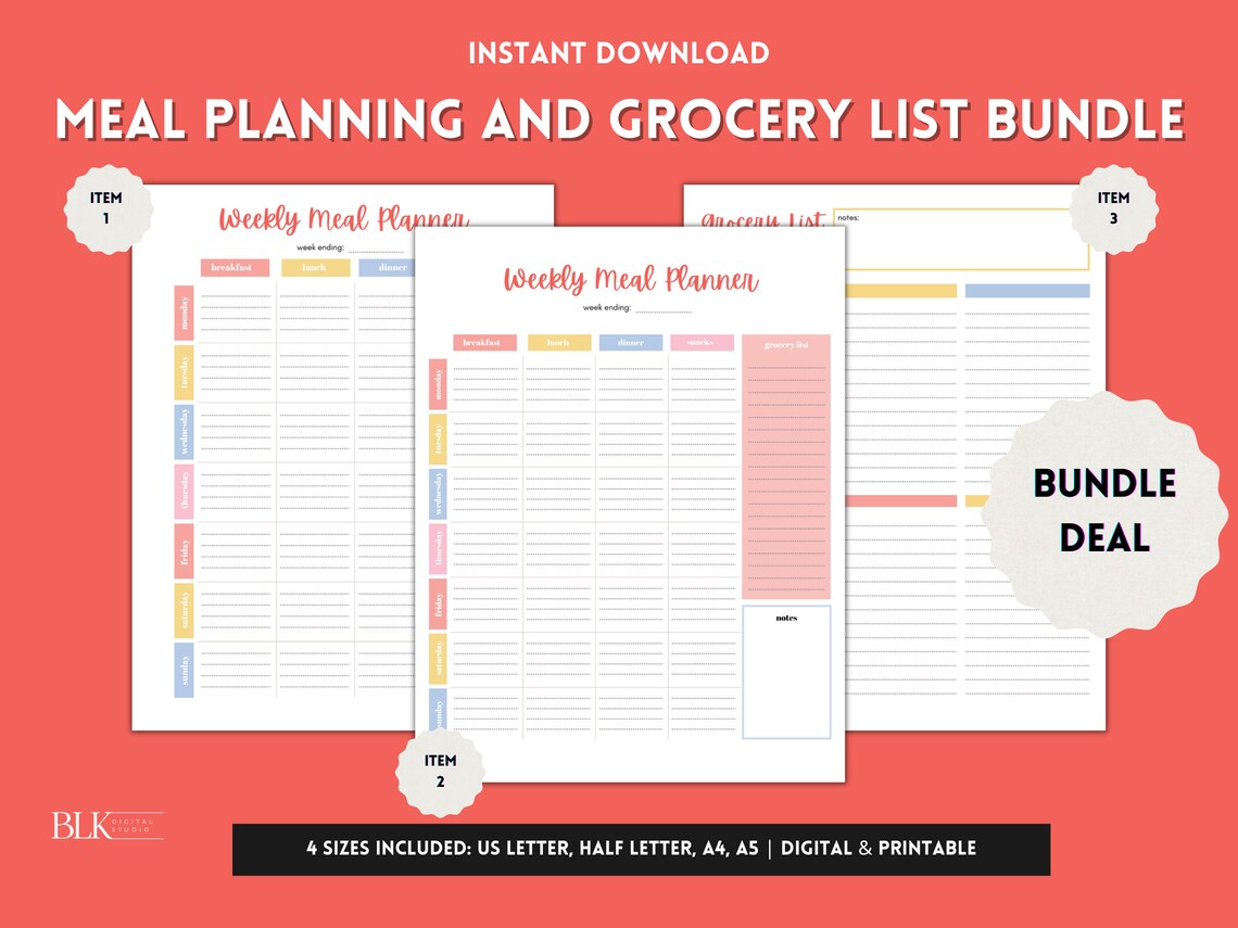 Printable Meal Planner and Grocery List BUNDLE | Weekly Food Diary ...