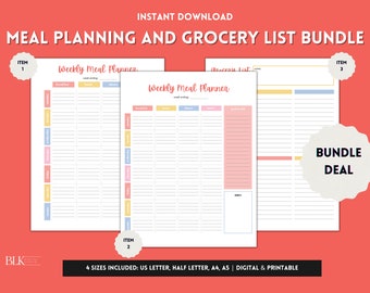 Printable Meal Planner and Grocery List BUNDLE | Weekly Food Diary ...
