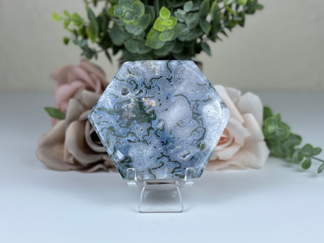 Moss Agate Bowl Hexagon Shaped Moss Agate Crystal Dish Natural Moss ...