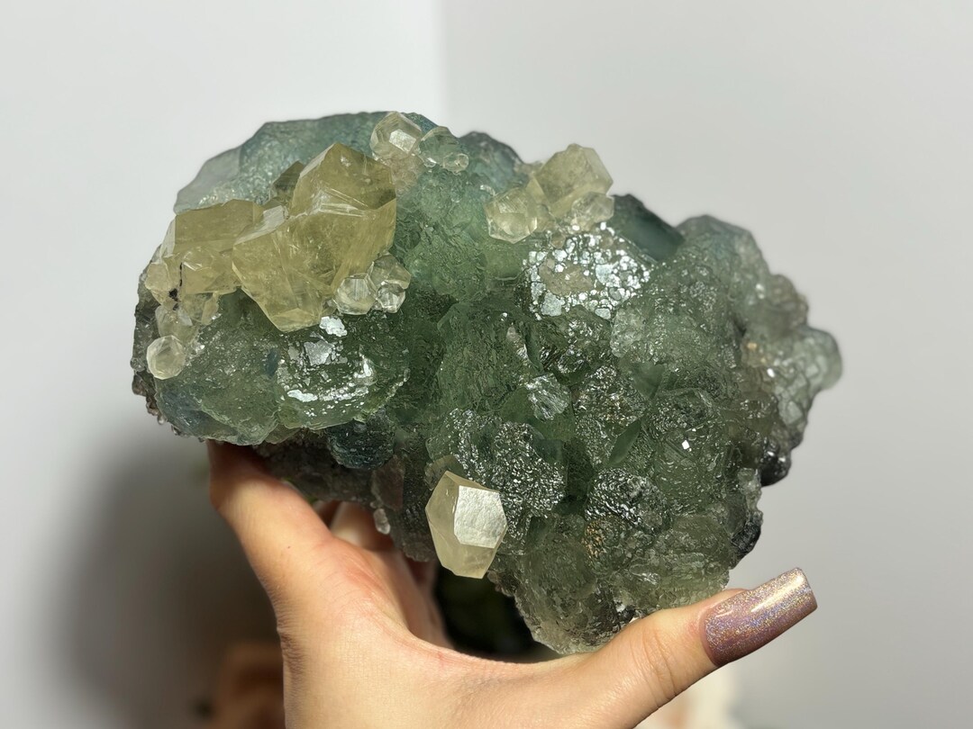 Large Etched Fluorite Cluster With Yellow Diamond Calcite and Quartz ...