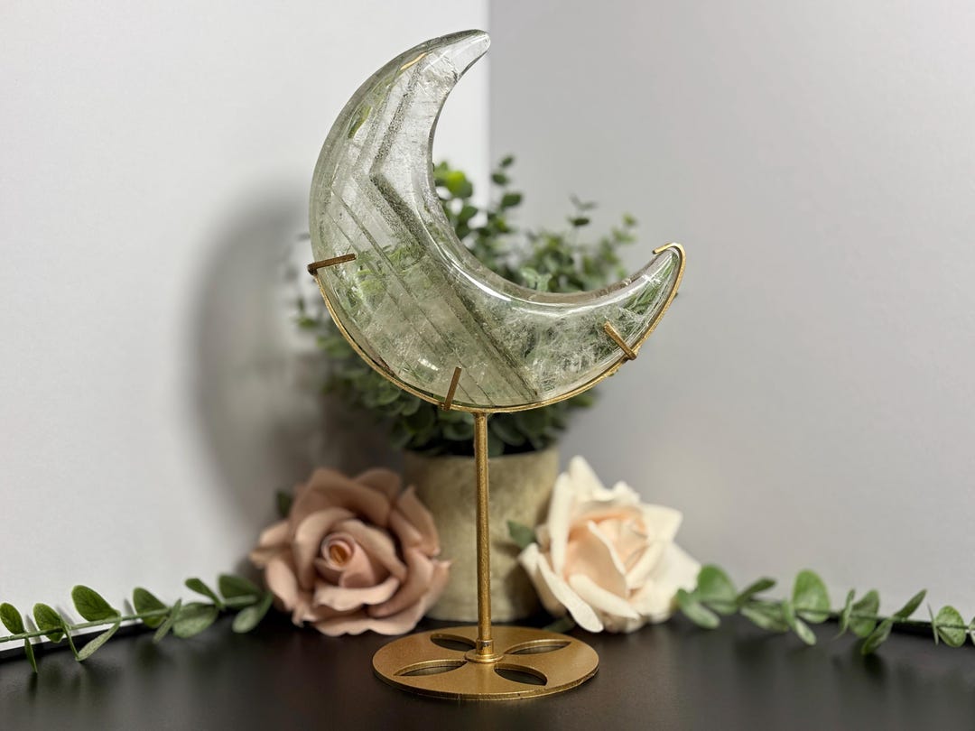 Large Phantom Quartz Crescent Moon on Stand Garden Quartz Crystal Moon ...