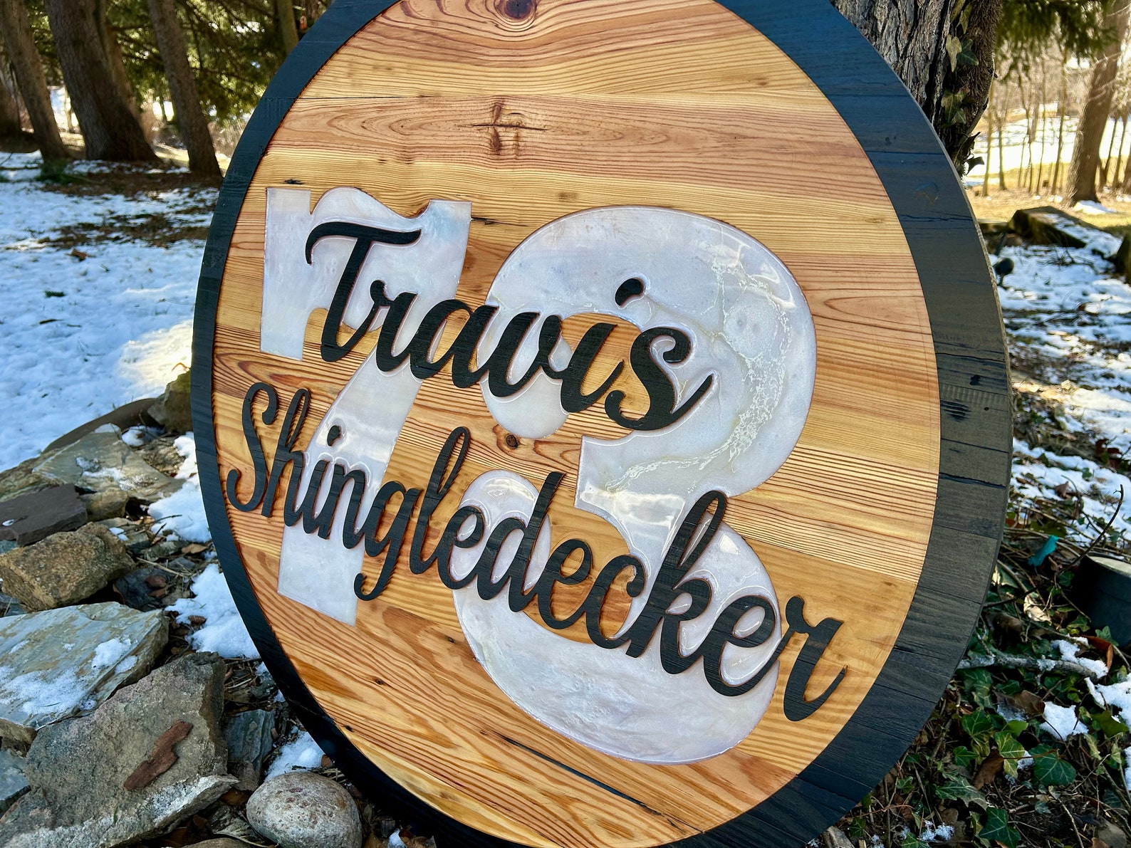 Big Wood Sign, Custom Name and Number, Epoxy Inlaid, Real Solid Wood ...