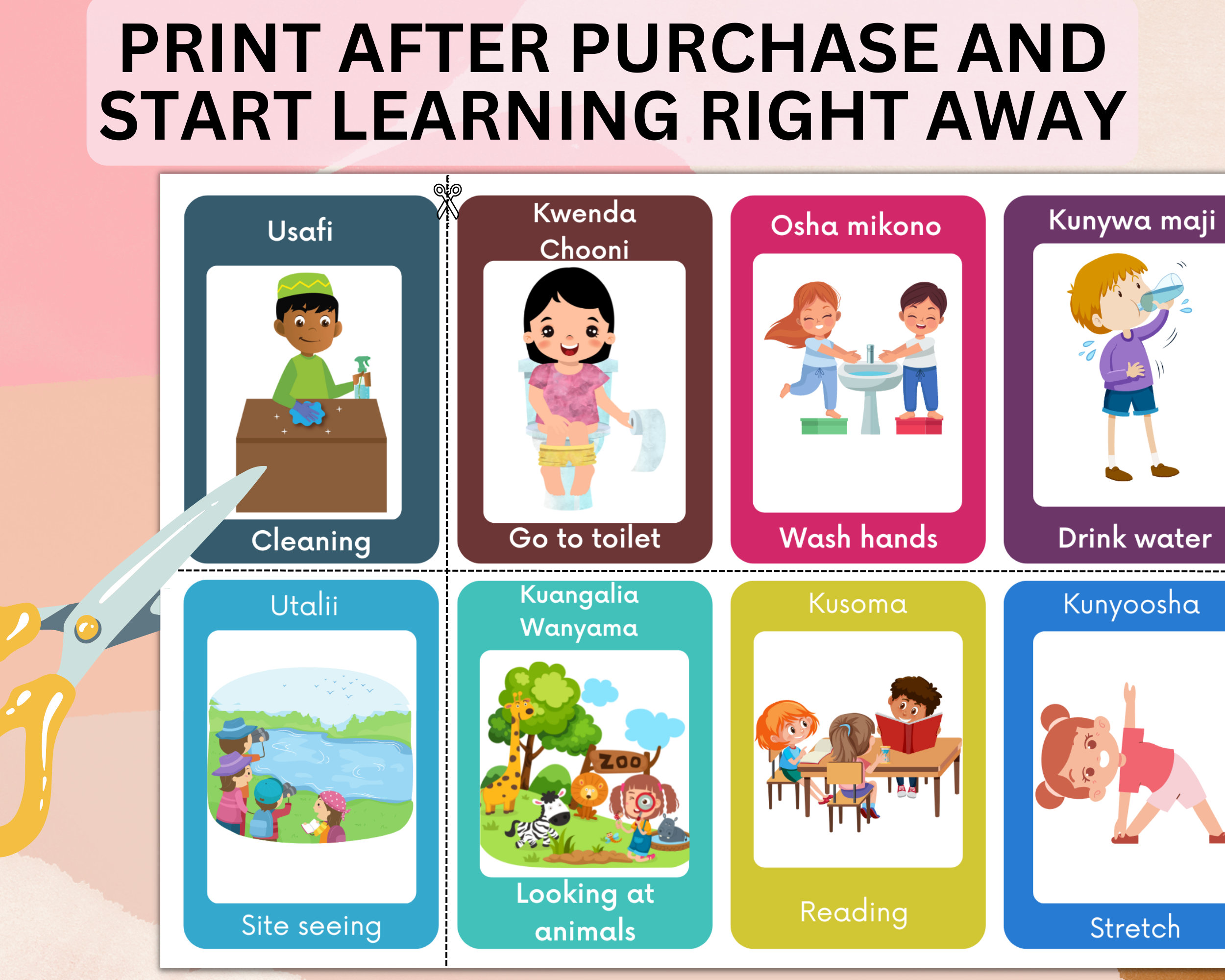 Children Activity Learning Flash Cards English / Swahili - Bilingual ...