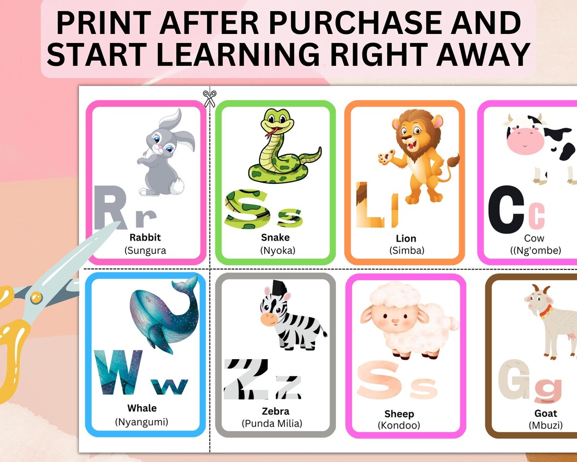 Children / Adults Animal Learning Flash Cards English / Swahili ...