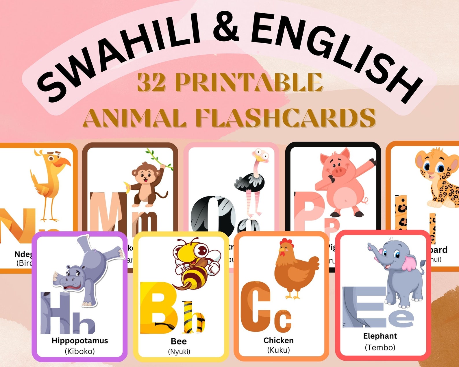 Children / Adults Animal Learning Flash Cards English / Swahili ...
