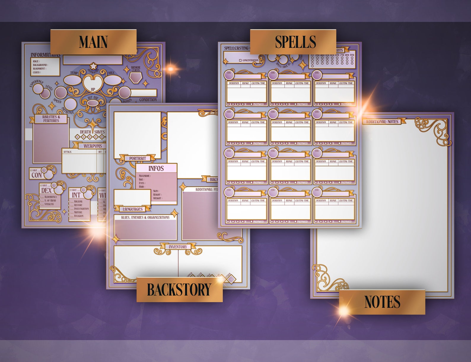 Elegant Purple Dnd 5E Character Sheet: Fillable RPG (digital Download ...