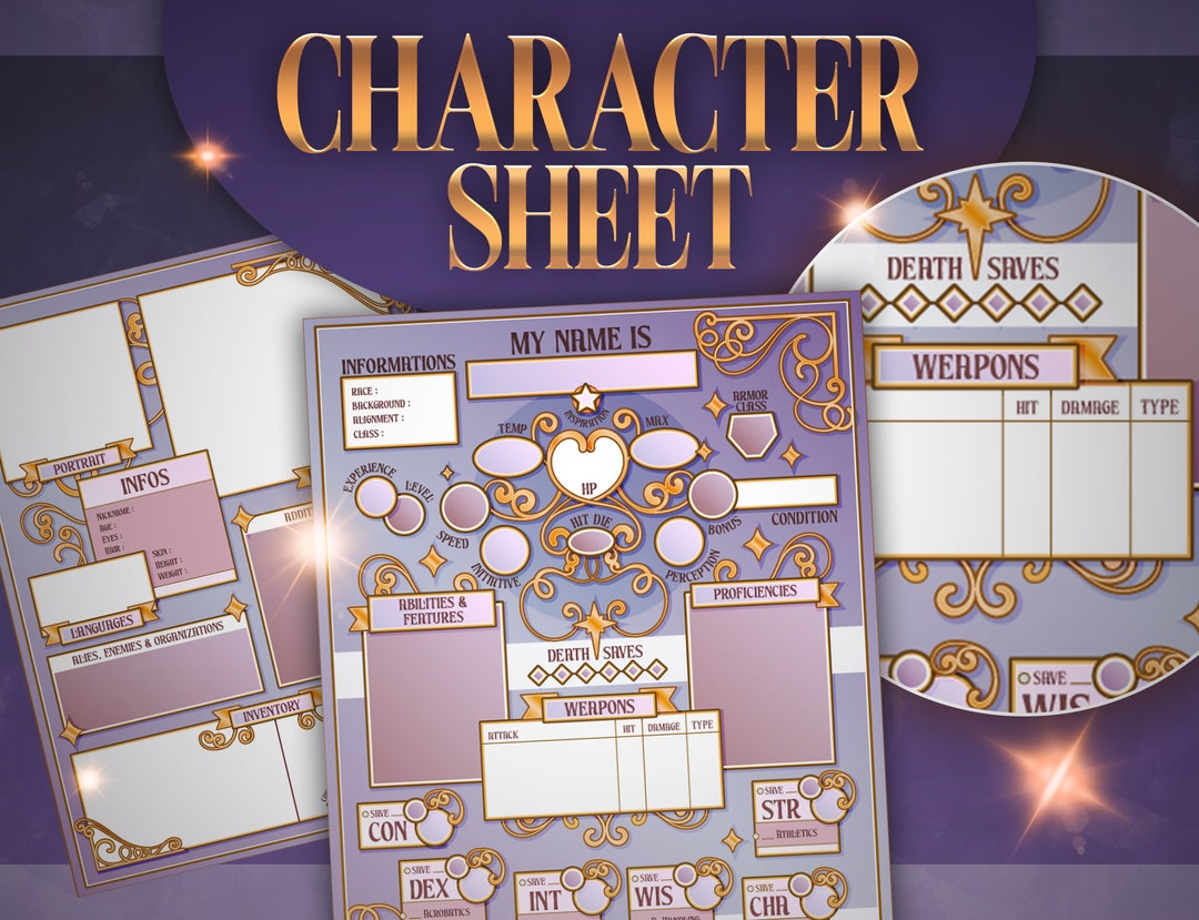 Dnd 5E Character Sheet Digital Download, Elegant Purple, Dungeons and Dragons RPG, Editable and ...