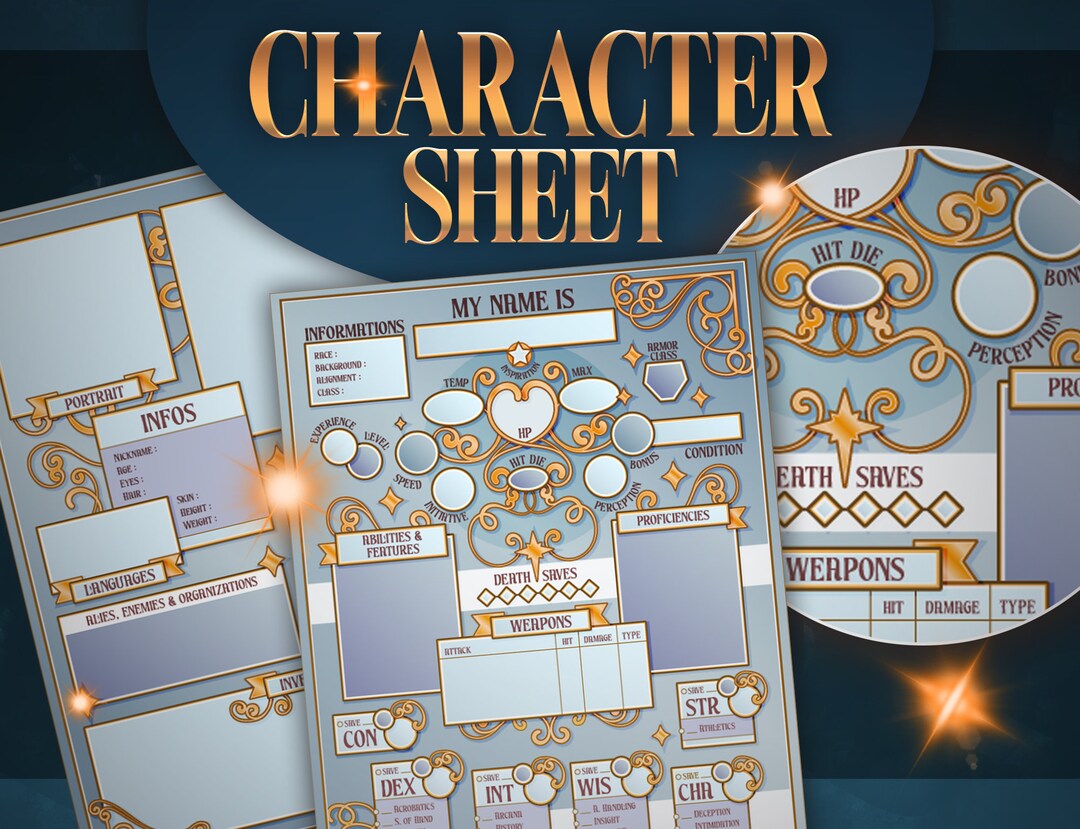Dnd 5E Character Sheet Digital Download, Elegant Blue, Dungeons and ...