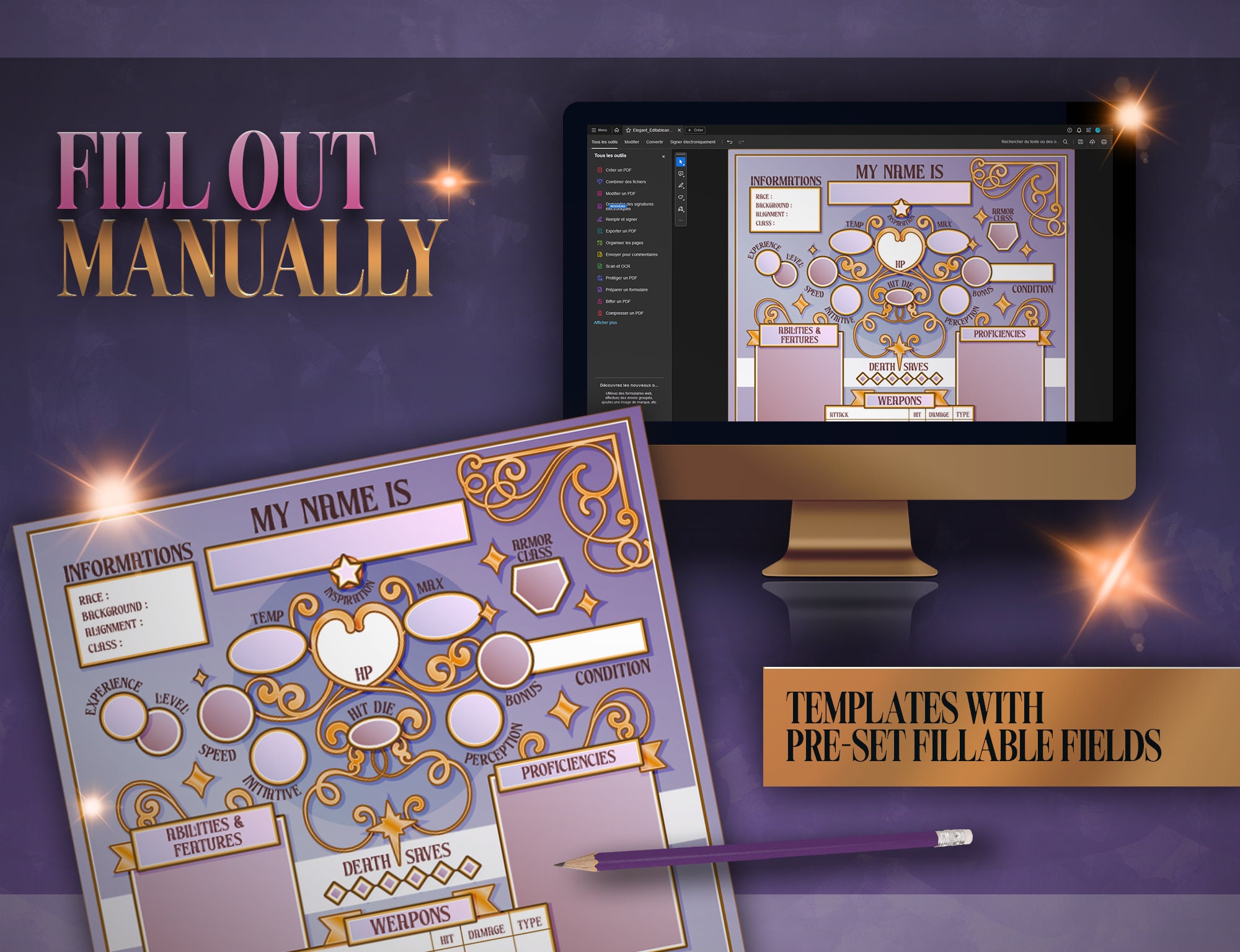 Elegant Purple Dnd 5E Character Sheet: Fillable RPG (digital Download ...