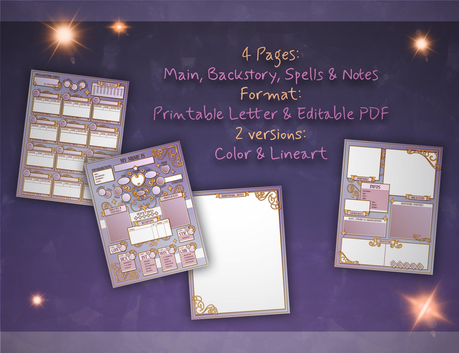 Elegant Purple Dnd 5E Character Sheet: Fillable RPG (digital Download ...